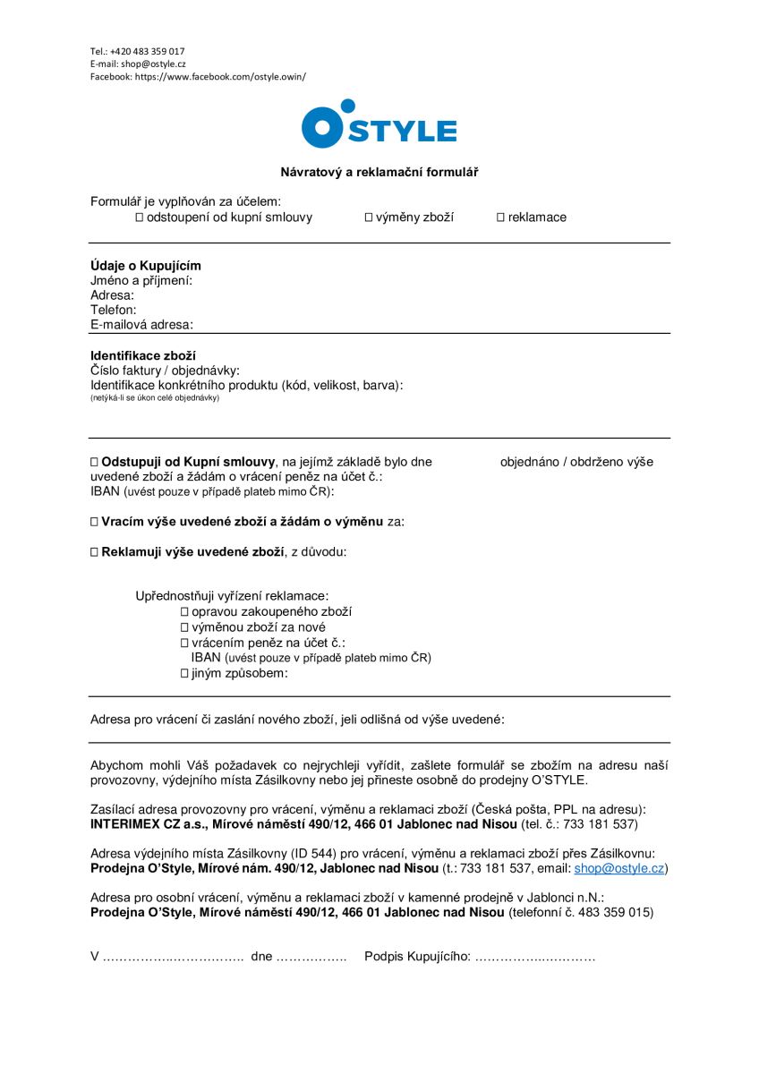 Návratový a reklamační formulář ke stažení
